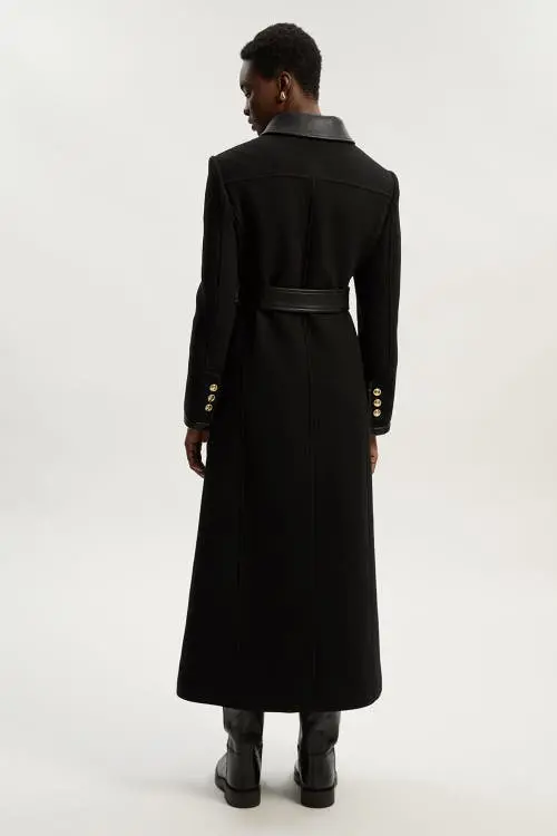 Karen Millen Wool Blend Maxi Coat With Pu Details