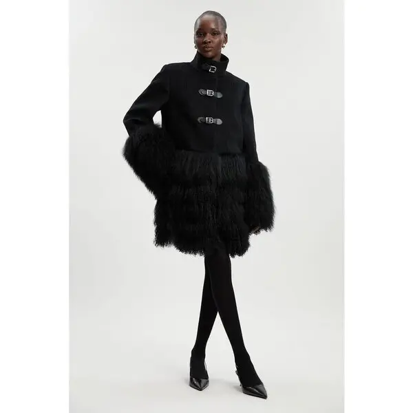 Karen Millen Brushed Wool Buckle Detail Short Coat - Black