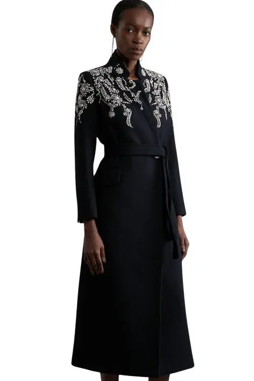 Karen Millen Tailored Wool Double Breasted Embellished Midi Coat - Black