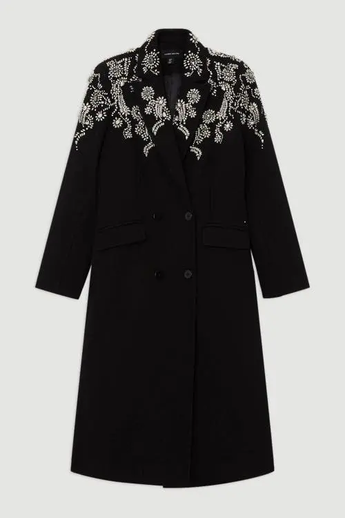 Karen Millen Tailored Wool Double Breasted Embellished Midi Coat
