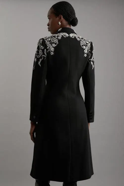 Karen Millen Tailored Wool Double Breasted Embellished Midi Coat