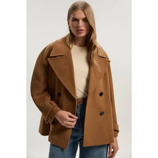 Karen Millen Brushed Wool Double Breasted Short Coat - Camel