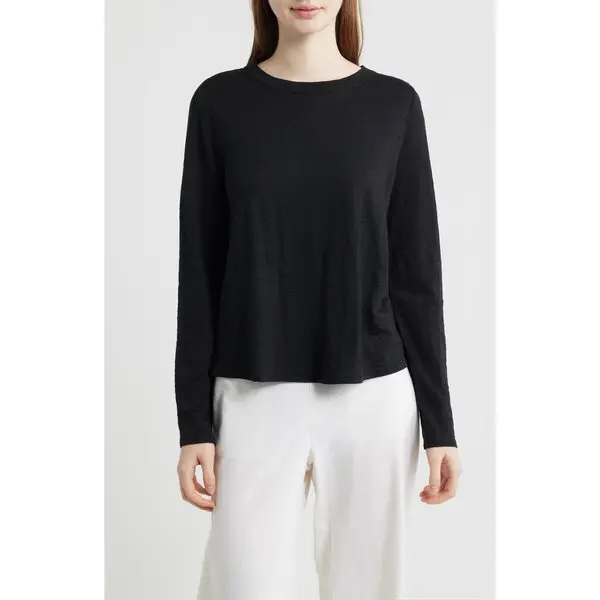 Eileen Fisher Long Sleeve Organic Linen T-shirt - Black