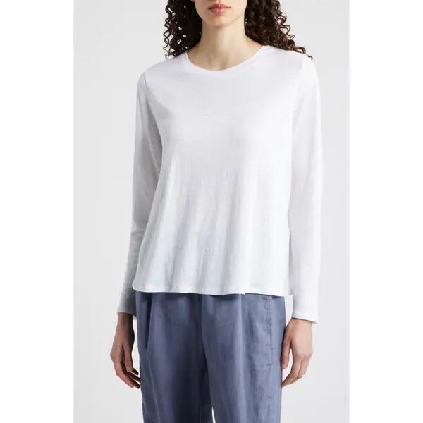 Eileen Fisher Long Sleeve Organic Linen T-shirt - White