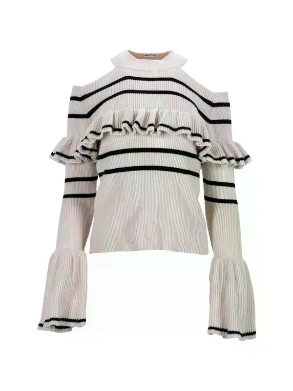SELF-PORTRAIT Ruffle-trimmed Ribbed-knit Top
