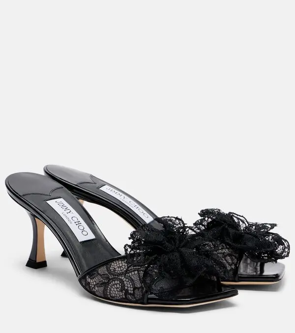 JIMMY CHOO Skye Corsage Lace Mules - Black