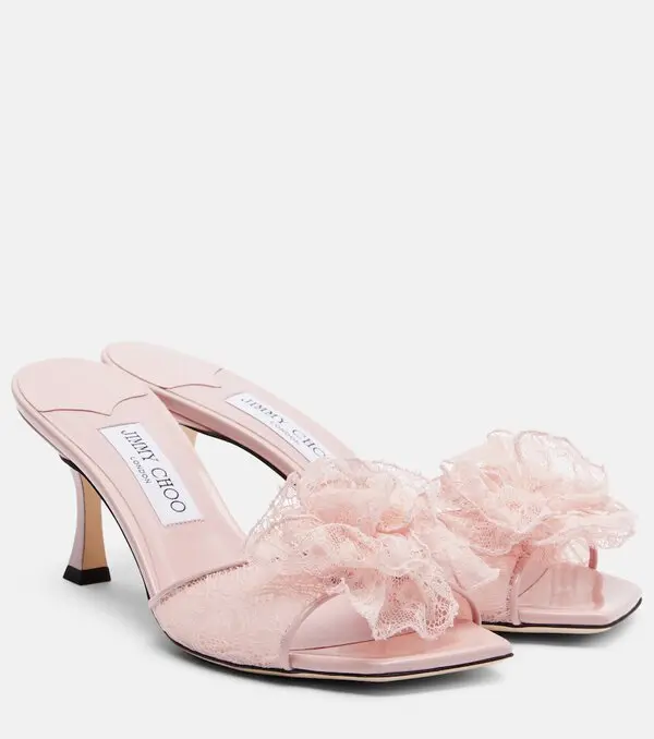 JIMMY CHOO Skye Corsage Lace Mules - Pink