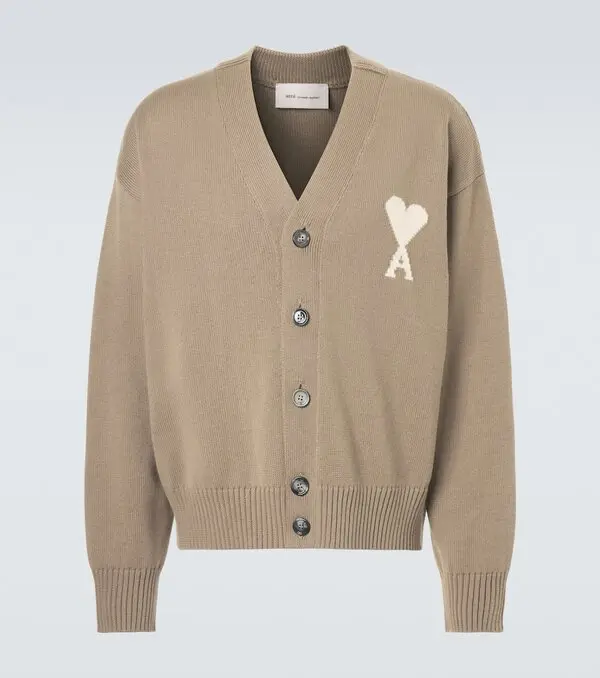 AMI Paris De Coeur Wool And Cotton Cardigan - Beige