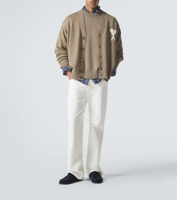 AMI Paris De Coeur Wool And Cotton Cardigan - Beige