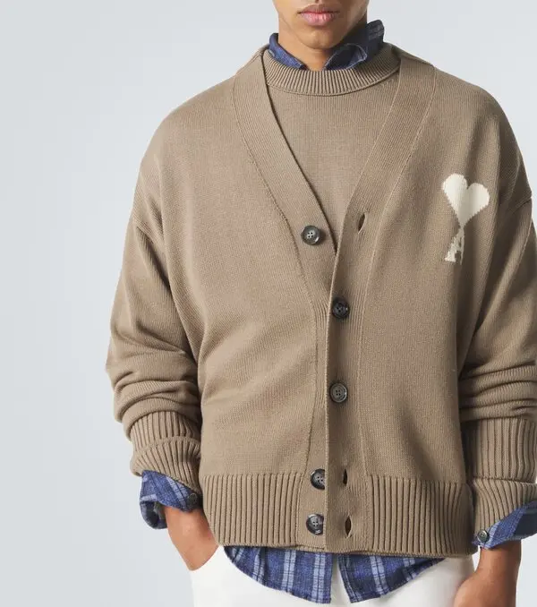 AMI Paris De Coeur Wool And Cotton Cardigan - Beige