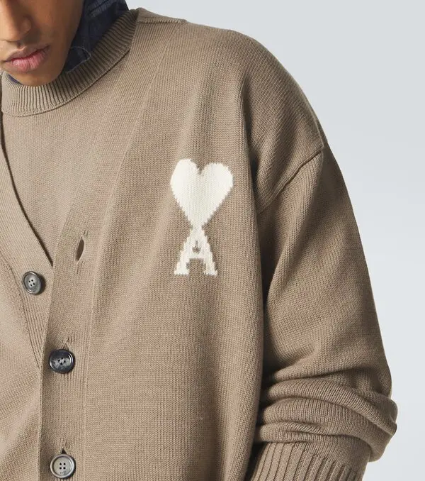AMI Paris De Coeur Wool And Cotton Cardigan - Beige