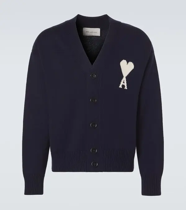 AMI Paris De Coeur Wool And Cotton Cardigan - Blue