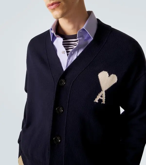 AMI Paris De Cœur Wool And Cotton Cardigan - Blue