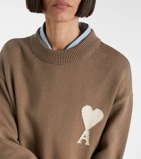 AMI Paris De Coeur Wool And Cotton Sweater - Beige