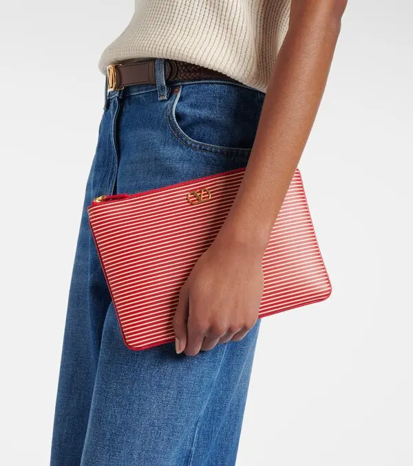 Valentino Garavani Vlogo Striped Leather Pouch - Red