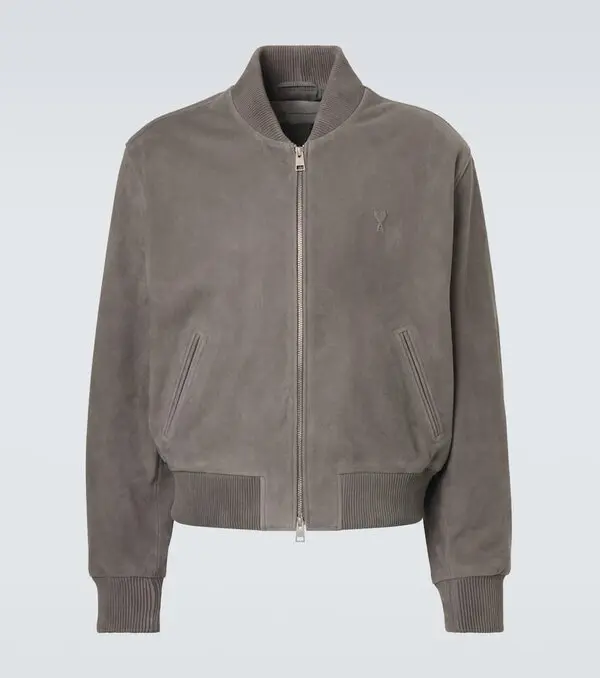 AMI Paris De Coeur Suede Bomber Jacket - Grey