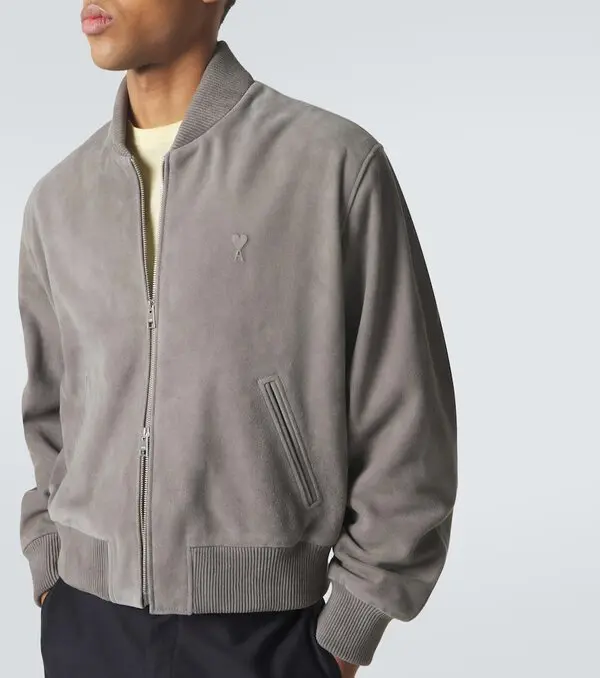 AMI Paris De Coeur Suede Bomber Jacket - Grey