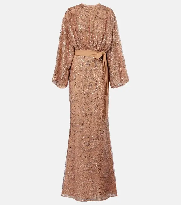 Elie Saab Belted Sequined Silk-blend Gown - Pink