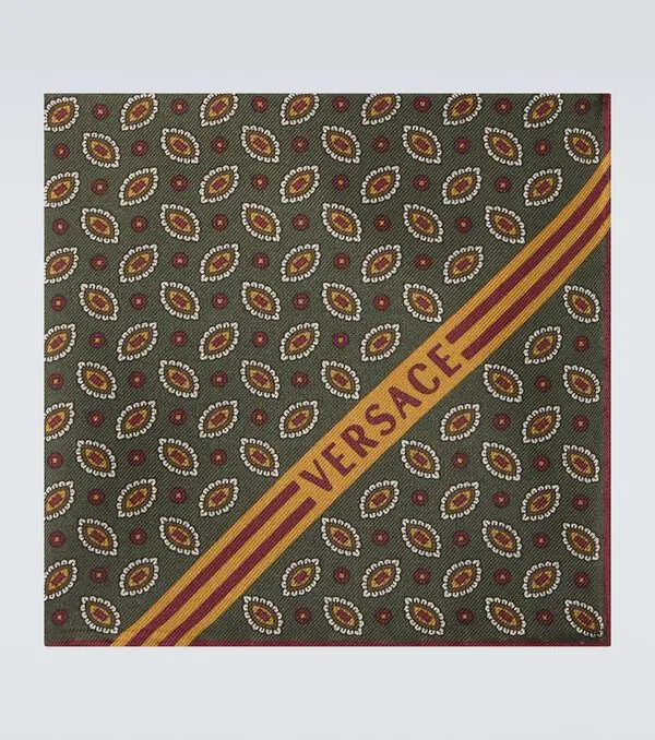 Versace Logo Printed Silk Pocket Square - Green