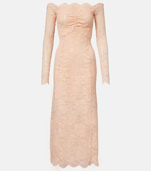 Rabanne Sequined Off-shoulder Lace Midi Dress - Pink