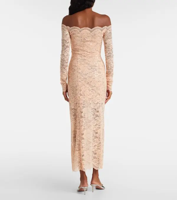 Rabanne Sequined Off-Shoulder Lace Midi Dress - Pink | Editorialist