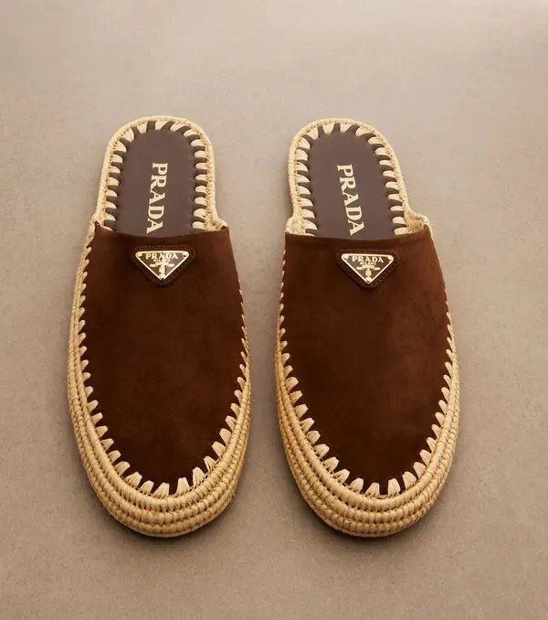 Prada Suede And Jute Mules - Brown
