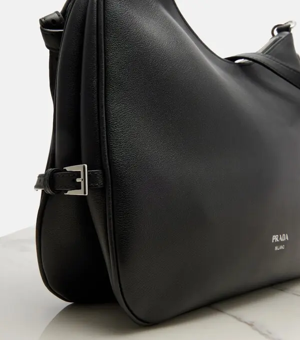 Prada Fold Large Leather Shoulder Bag - Black
