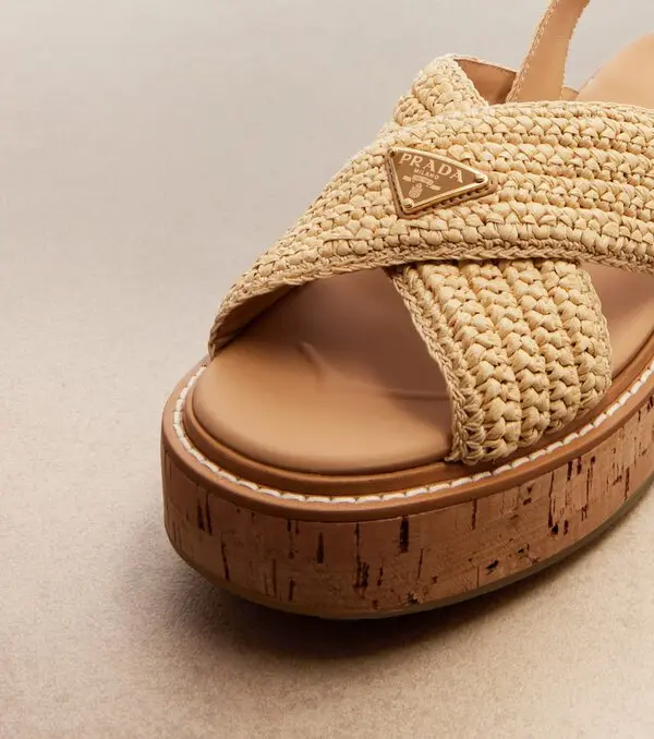 Prada Crochet Raffia-effect Slingback Sandals - Beige