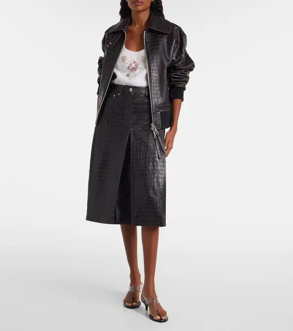 Rabanne Pleated Croc-effect Leather Midi Skirt
