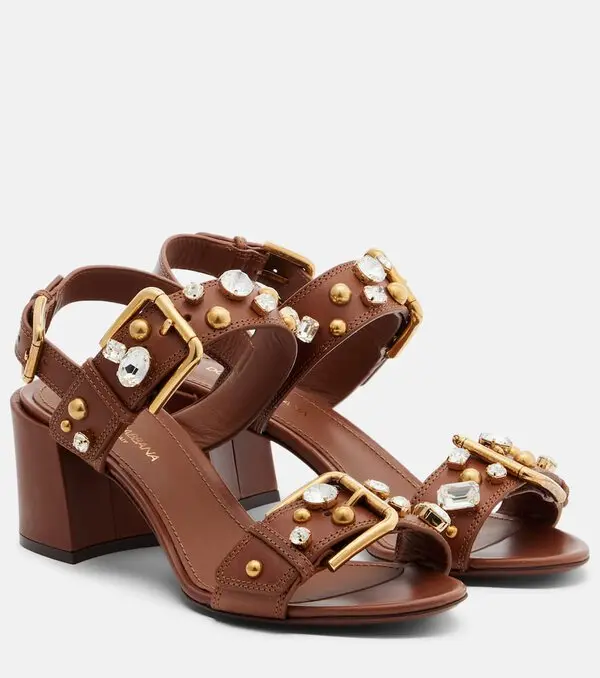 Dolce & Gabbana Keira Embellished Leather Sandals - Brown