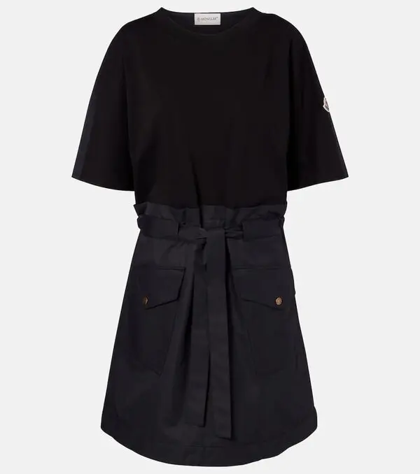 Moncler Belted Cotton-blend Jersey Minidress - Black