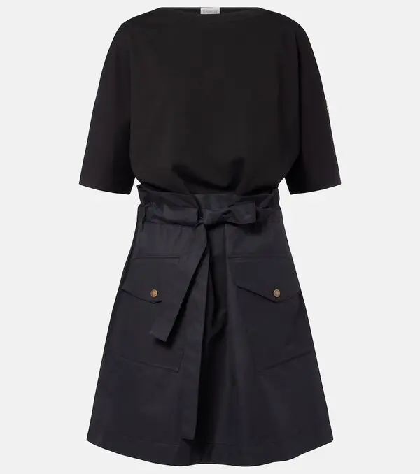 Moncler Belted Cotton-blend Jersey Minidress - Black
