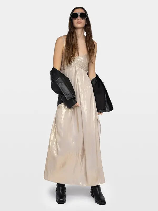 Zadig&Voltaire Rippie Satin Maxi Dress With Pleated Bodice - Gold