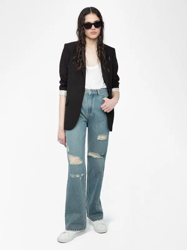 Zadig&Voltaire Elio Distressed Straight Leg Jeans - Light Blue