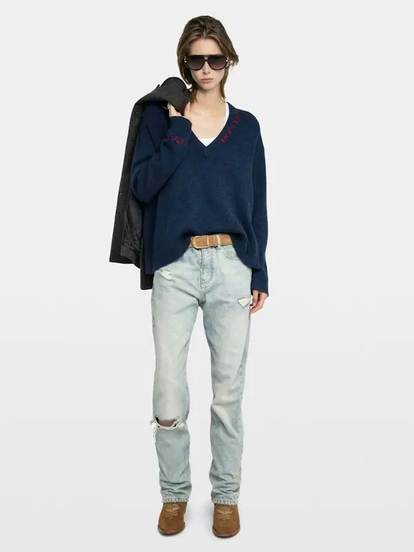 Zadig&Voltaire Mikyz Cashmere Sweater With Embroidered Neckline - Encre