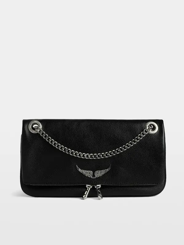 Zadig&Voltaire Rock Ii Grained Leather Clutch With Rhinestone Wings - Black