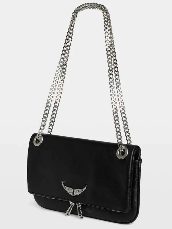 Zadig&Voltaire Rock Ii Grained Leather Clutch With Rhinestone Wings - Black