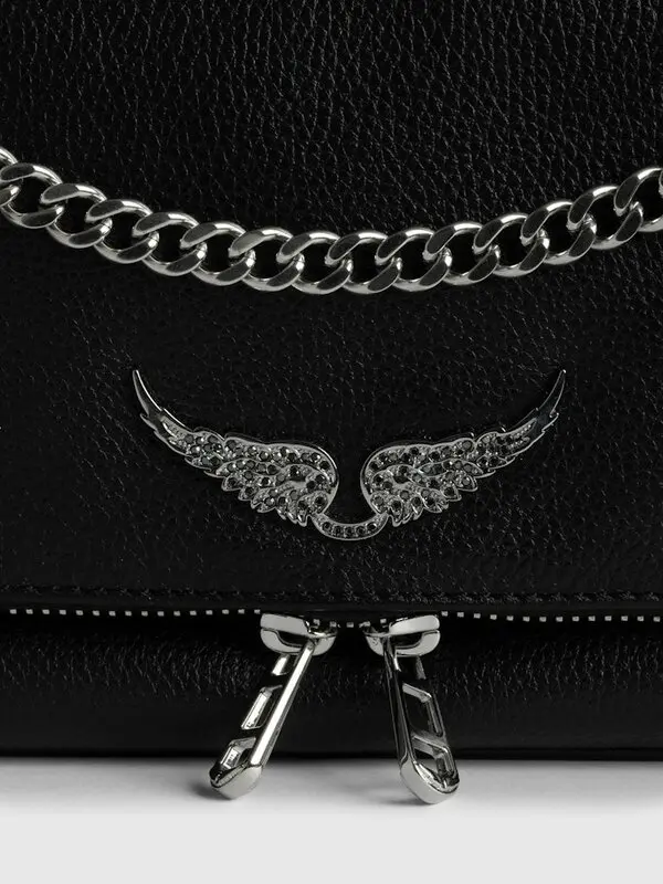 Zadig&Voltaire Rock Ii Grained Leather Clutch With Rhinestone Wings - Black