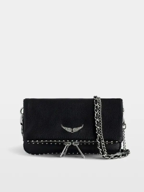 Zadig&Voltaire Rock Mini Studded Leather Clutch With Chain Straps - Black