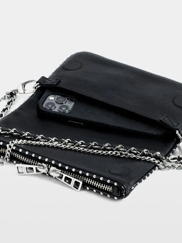 Zadig&Voltaire Rock Mini Studded Leather Clutch With Chain Straps - Black