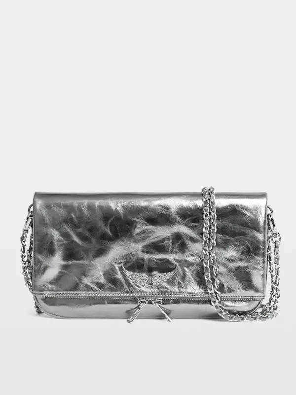 Zadig&Voltaire Rock Metallic Leather Clutch With Rhinestone Wings - Gun