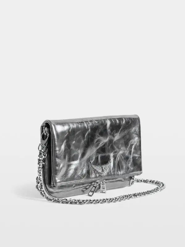 Zadig&Voltaire Rock Metallic Leather Clutch With Rhinestone Wings - Gun