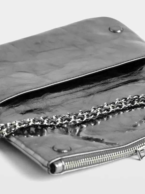 Zadig&Voltaire Rock Metallic Leather Clutch With Rhinestone Wings - Gun