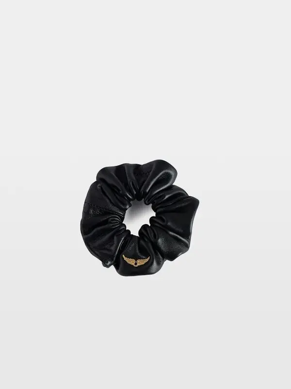 Zadig&Voltaire Chouchou Leather Scrunchie With Gold Wings Motif - Black