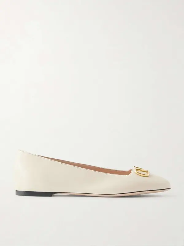 Valentino Garavani Vlogo Embellished Leather Ballet Flats - Cream