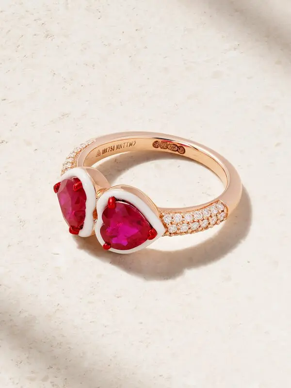 KAMYEN Twin Heart 18-karat Rose Ruby, Diamond And Enamel Ring - Gold