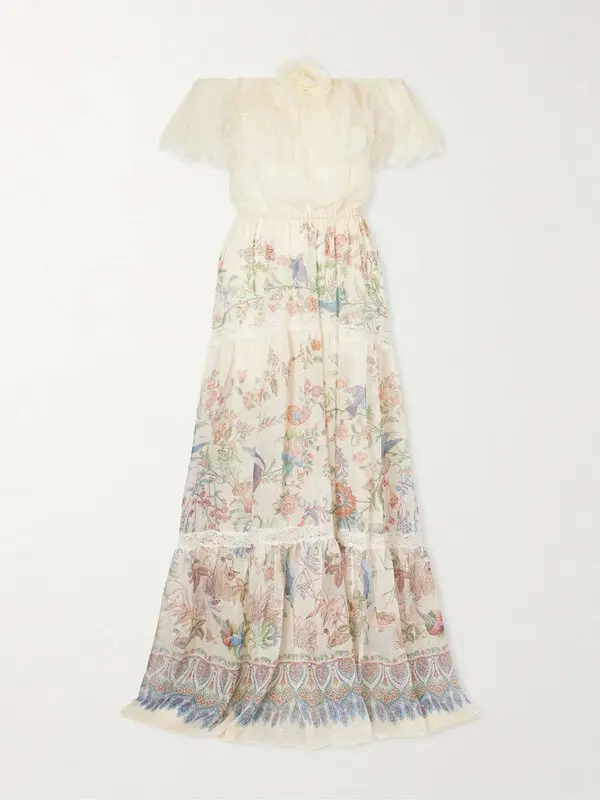Etro Off-the-shoulder Lace-trimmed Floral-print Silk-chiffon Maxi Dress - Multi