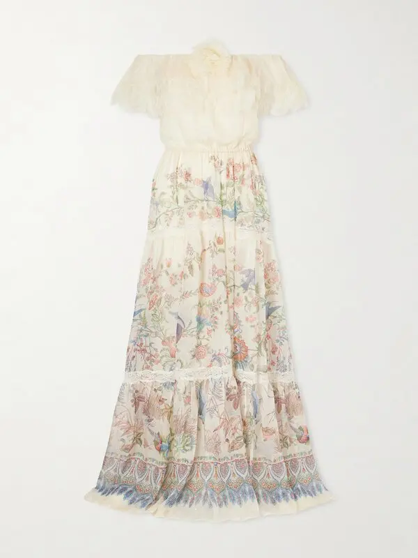 Etro Off-the-shoulder Lace-trimmed Floral-print Silk-chiffon Maxi Dress - Multi