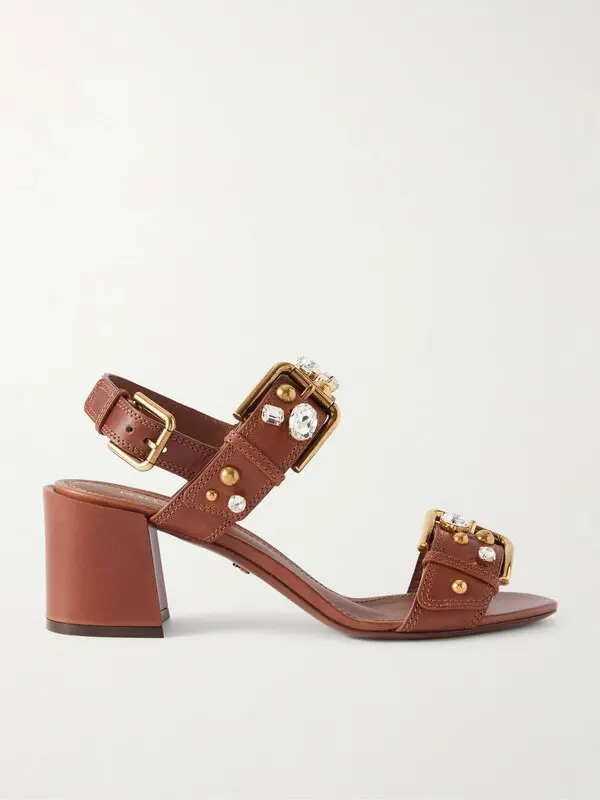 Dolce & Gabbana Embellished Leather Slingback Sandals - Tan