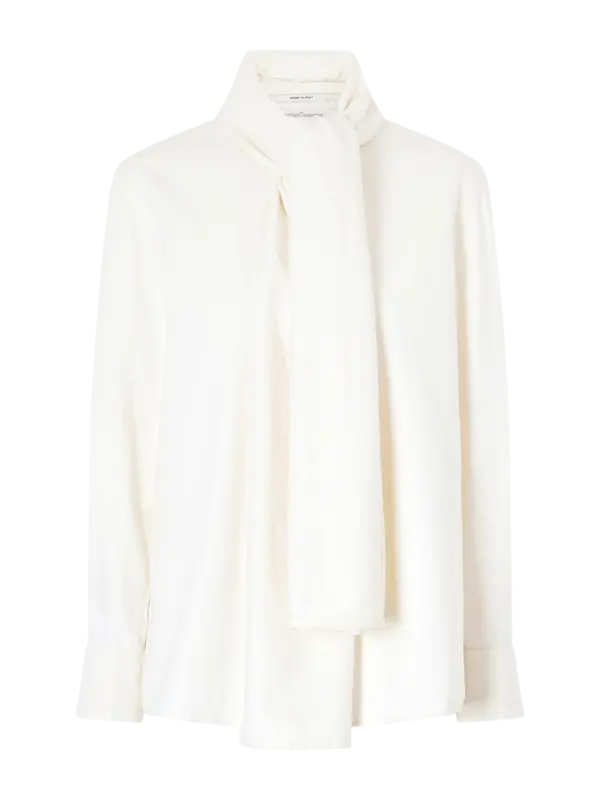 Another Tomorrow Pussy-bow Cotton-chambray Blouse